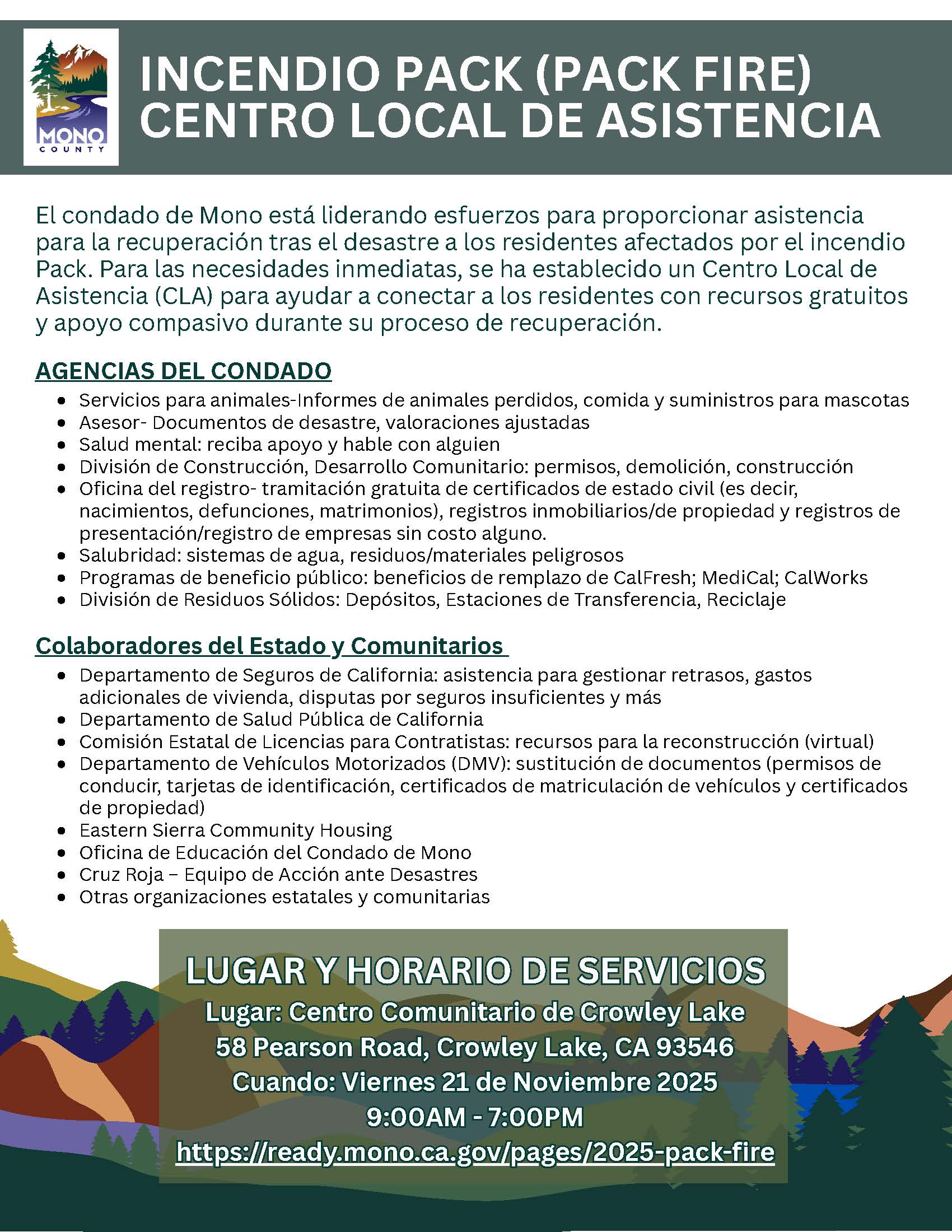 Pack Fire Local Assistance Center-Press Release | Mono County California